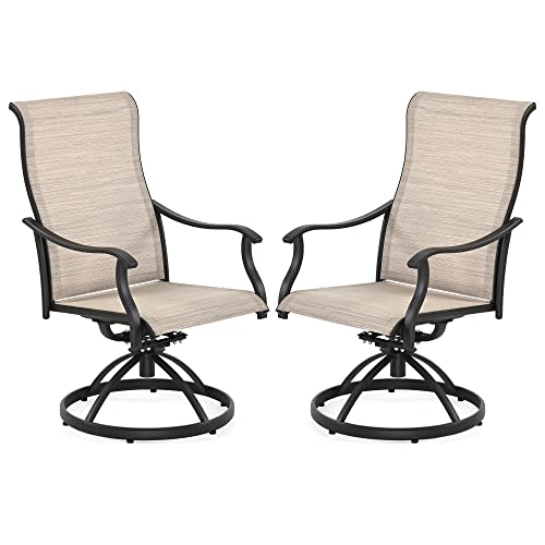 HAPPATIO Patio Dining Chairs Set of 2, Outdoor Textilene Swivel Dining Chairs with High Back, Patio Furniture Chairs with Armrest, Brown Frame (Khaki)