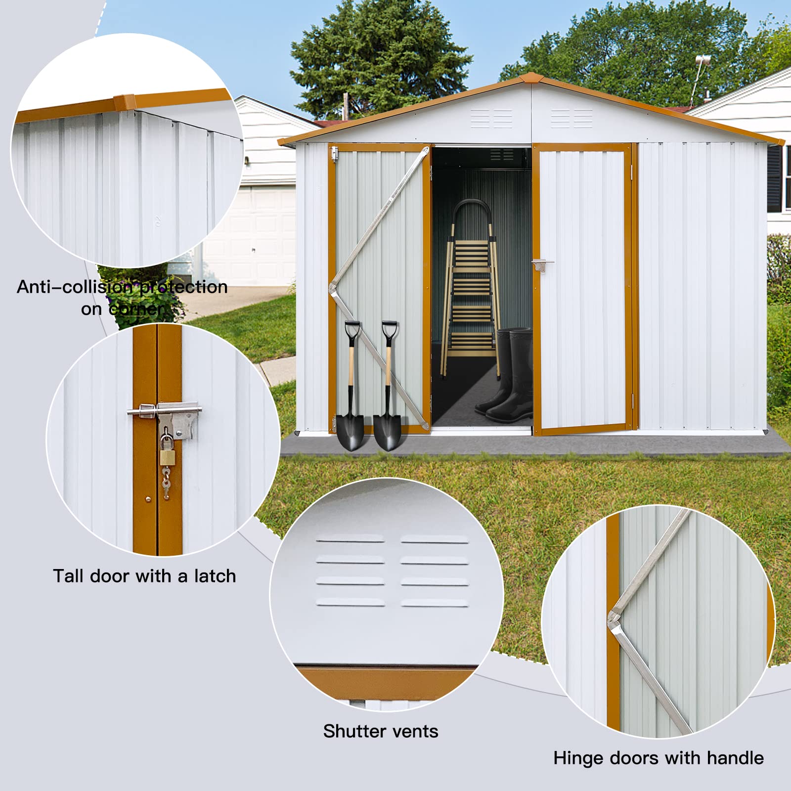 RITSU 6Ft x 8Ft Outdoor Garden Shed, Outdoor Storage Cabinet with Doors and Shelves, Waterproof Sheds and Tiny Houses for Backyard Patio Lawn, White