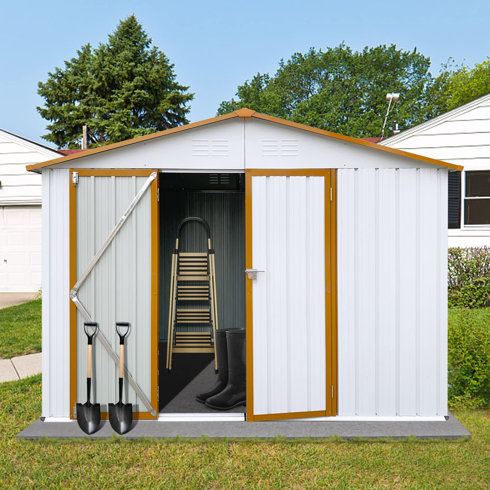 RITSU 6Ft x 8Ft Outdoor Garden Shed, Outdoor Storage Cabinet with Doors and Shelves, Waterproof Sheds and Tiny Houses for Backyard Patio Lawn, White