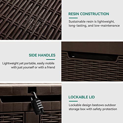 YITAHOME 100 Gallon Large Deck Box w/Storage Net, Resin Outdoor Storage Boxes, Waterproof Patio Cushion Storage Bench for Patio Furniture, Pool Supplies, Garden Tools- Rattan,Lockable (Dark Brown)