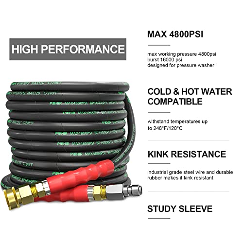 POHIR 3/8" Pressure Washer Hose 50 FT for Cold and Hot Water Max 248°F with Quick Connect, 4800psi Kink Resistant Industry Grade Steel Wire Braided Synthetic Rubber Jacket with 2 M22 14mm Adapter Set