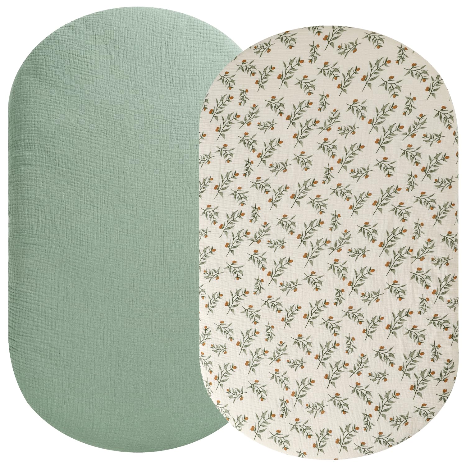 Muslin Bassinet Sheet Compatible with Dream On Me Karley (Plus Portable) Bassinet, Chicco LullaGo Portable, ANGELBLISS 3 in 1 Rocking Bassinet, 2 Pack Cotton Fitted Sheets Roman Green & Botanical Leaf