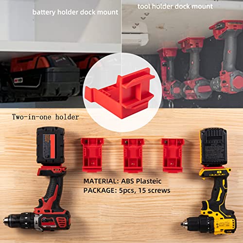 5 Pack Tool Mount for Milwaukee 18V Drill; Battery Holder for Milwaukee M18 Battery MOUNT/Hanger/Dock Holder Fit for 48-11-1820 48-11-1850 48-11-1860 Battery, also for Dewalt 18V Battery and 20V Tool