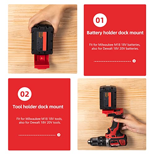 5 Pack Tool Mount for Milwaukee 18V Drill; Battery Holder for Milwaukee M18 Battery MOUNT/Hanger/Dock Holder Fit for 48-11-1820 48-11-1850 48-11-1860 Battery, also for Dewalt 18V Battery and 20V Tool