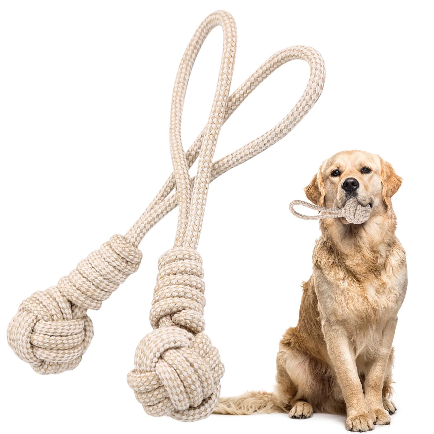 Dog Rope Tug of War Toys for Large, Medium and Small Dogs. 2 Pack Natural Cotton Toys for Teething.Flosses Teeth, Premium Beige Knot, Gum Stimulation for Teething Puppies.
