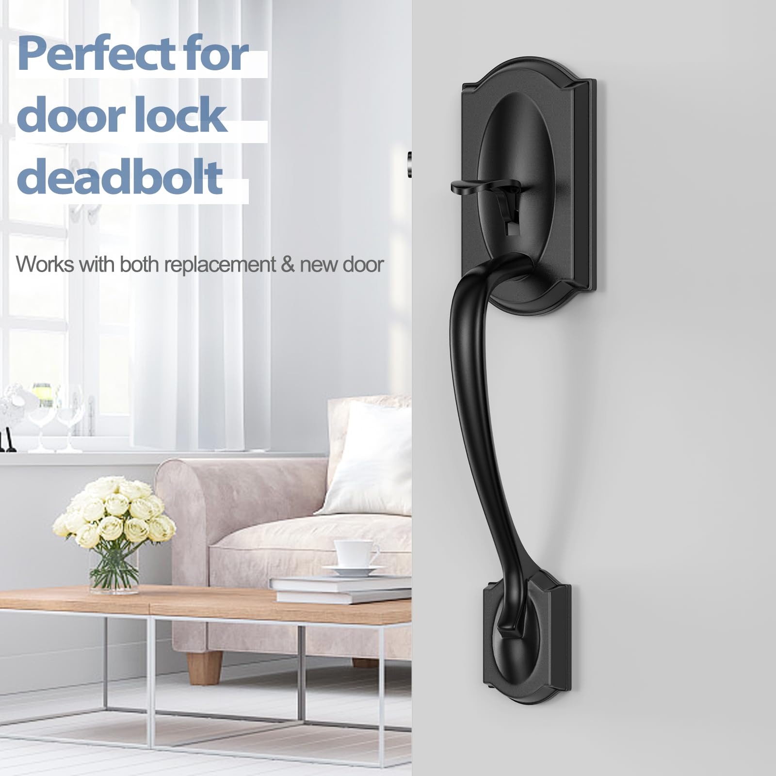 YYTDZSW Front Door Handle, Exterior Door Handle，Entry Door Handle with Reversible Lever, Adjustable Door Handle，Interior Door Handle, Black Door Handle,Matte Black