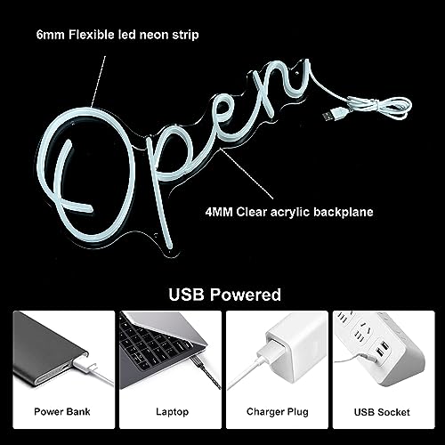 LIYUNEON Open Neon Signs, Cool White Led Neon Lights USB Powered, Signs for Wall Decor, Restaurant Bar Salon Stores Hotel, Wedding, Engagement Party ,Bedroom Decor, Neon For Bedroom Home Aesthetic Room Decor,Neon Sign Bar(15.75x9.45in) (Open)