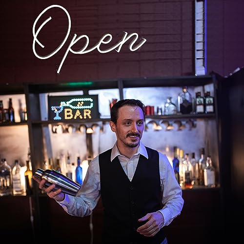 LIYUNEON Open Neon Signs, Cool White Led Neon Lights USB Powered, Signs for Wall Decor, Restaurant Bar Salon Stores Hotel, Wedding, Engagement Party ,Bedroom Decor, Neon For Bedroom Home Aesthetic Room Decor,Neon Sign Bar(15.75x9.45in) (Open)