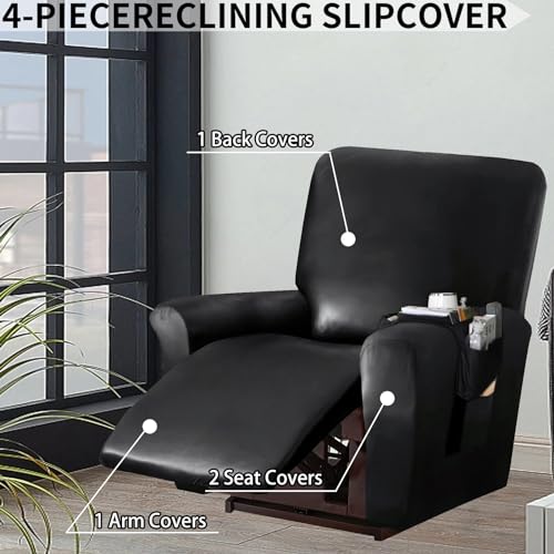 HewTLES PU Leather Recliner Cover, Elastic Waterproof Sofa Cover, 4-Piece Recliner Cover with Pockets, Easy to Clean Recliner Covers for Large Recliner,Added armrest Storage Pockets (Black)