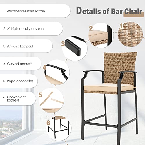 Tangkula 5 Pieces Outdoor Patio Bar Set, Rattan Bistro Set W/ 4 Wicker Bar Stools & 1 Bar Table, Heavy-Duty Steel Frame, Soft Cushions, Patio Conversation Set for Courtyard, Poolside, Garden (Beige)