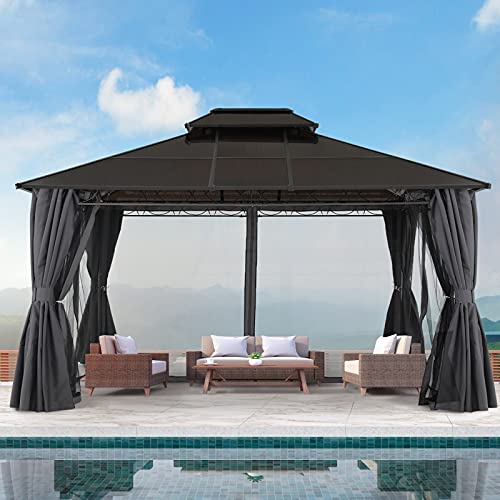 10x10 Double Roof Hardtop Patio Gazebo with Curtains and Netting by ABCCANOPY