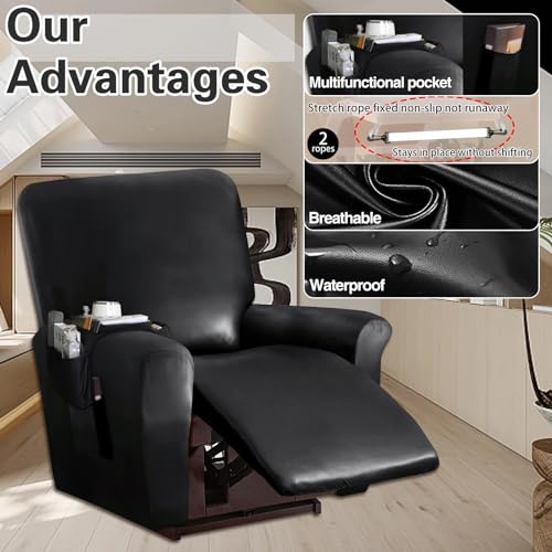 HewTLES PU Leather Recliner Cover, Elastic Waterproof Sofa Cover, 4-Piece Recliner Cover with Pockets, Easy to Clean Recliner Covers for Large Recliner,Added armrest Storage Pockets (Black)