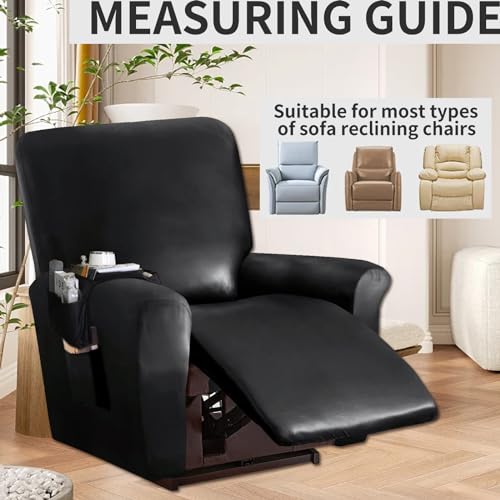 HewTLES PU Leather Recliner Cover, Elastic Waterproof Sofa Cover, 4-Piece Recliner Cover with Pockets, Easy to Clean Recliner Covers for Large Recliner,Added armrest Storage Pockets (Black)