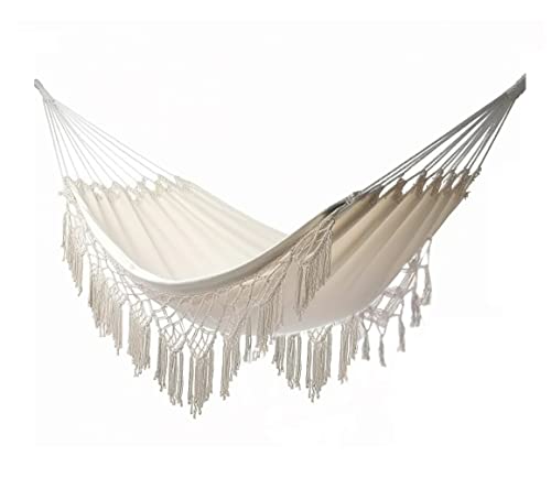 Handmade Boho Large Brazilian Fringed Macramé Double Deluxe Hammock Swing Bed with Carry Bag for Bedroom,Yard,Beach,Patio,Indoor,Outdoor & Wedding Party Decor, 95" Lx 62" W (White)
