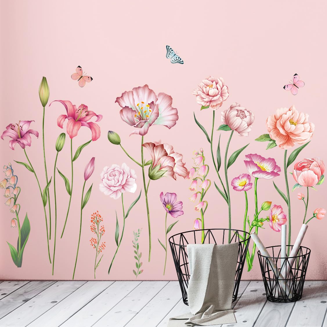 Amaonm Removable Fresh Flower and Flying Butterfly Dragonfly Wall Sticker Blue Pink Lily Poppy Peony Floral Wall Decal DIY Peel and Stick Grass Plants Wall Decor for Girls Baby Bedroom Nursery Living