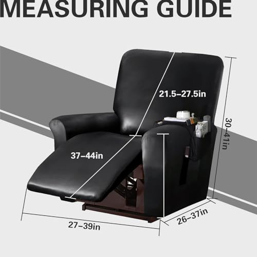 HewTLES PU Leather Recliner Cover, Elastic Waterproof Sofa Cover, 4-Piece Recliner Cover with Pockets, Easy to Clean Recliner Covers for Large Recliner,Added armrest Storage Pockets (Black)