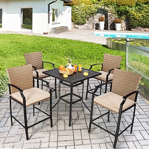 Tangkula 5 Pieces Outdoor Patio Bar Set, Rattan Bistro Set W/ 4 Wicker Bar Stools & 1 Bar Table, Heavy-Duty Steel Frame, Soft Cushions, Patio Conversation Set for Courtyard, Poolside, Garden (Beige)