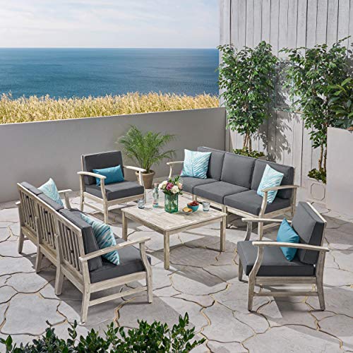 Great Deal Furniture Lorelei Outdoor 9 Piece Acacia Wood Sofa Conversational Set, Light Gray and Dark Gray