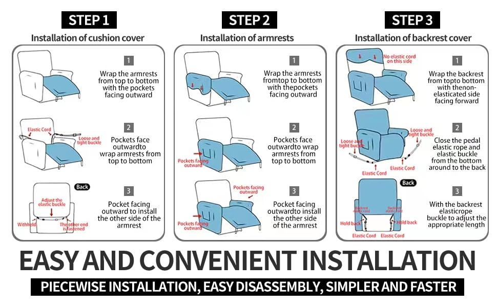 HewTLES PU Leather Recliner Cover, Elastic Waterproof Sofa Cover, 4-Piece Recliner Cover with Pockets, Easy to Clean Recliner Covers for Large Recliner,Added armrest Storage Pockets (Black)