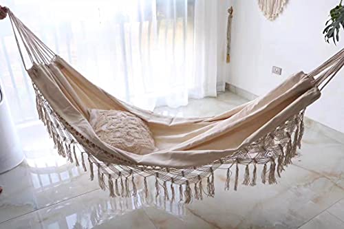 Handmade Boho Large Brazilian Fringed Macramé Double Deluxe Hammock Swing Bed with Carry Bag for Bedroom,Yard,Beach,Patio,Indoor,Outdoor & Wedding Party Decor, 95" Lx 62" W (White)