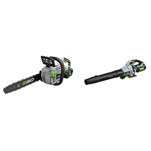 EGO Power+ 16-Inch 56-Volt Lithium-ion Cordless Chainsaw - 5.0Ah Battery and Charger Included, Black & CFM Variable-Speed 56-Volt Lithium-ion Cordless Leaf Blower 5.0Ah Battery and Charger Included