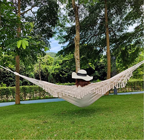 Handmade Boho Large Brazilian Fringed Macramé Double Deluxe Hammock Swing Bed with Carry Bag for Bedroom,Yard,Beach,Patio,Indoor,Outdoor & Wedding Party Decor, 95" Lx 62" W (White)