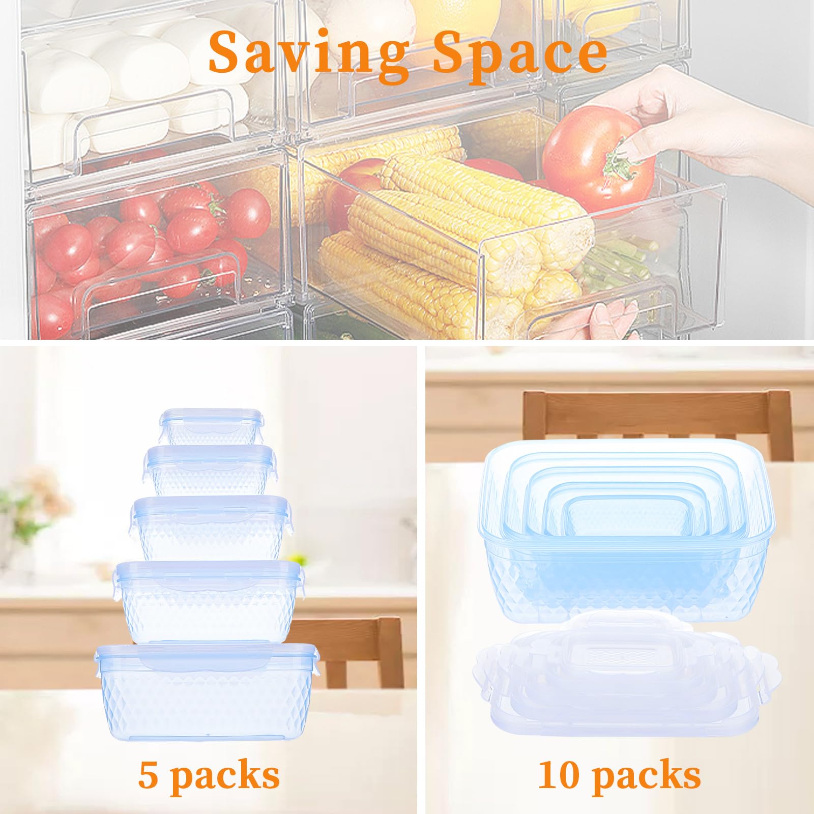 ECASIS 5 Food Storage Containers,Airtight Plastic Meal Prep Containers With Leakproof Locking Lids,for Microwave, Oven, Freezer and Dishwasher - Pen&Label(Blue)