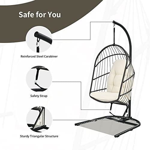 WYKDD Hanging Wicker Egg Chair w/Stand Cushion Foldable Outdoor Indoor Beige