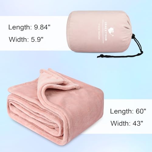 urnexttour Travel Blanket Pillow, Premium Soft Airplane Blanket for Long Flights, Lightweight Blanket with Portable Drawstring Storage Bag for Traveling, Office 43" x 60" Pink