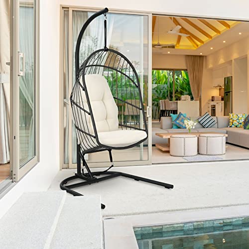 WYKDD Hanging Wicker Egg Chair w/Stand Cushion Foldable Outdoor Indoor Beige