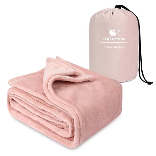 urnexttour Travel Blanket Pillow, Premium Soft Airplane Blanket for Long Flights, Lightweight Blanket with Portable Drawstring Storage Bag for Traveling, Office 43" x 60" Pink