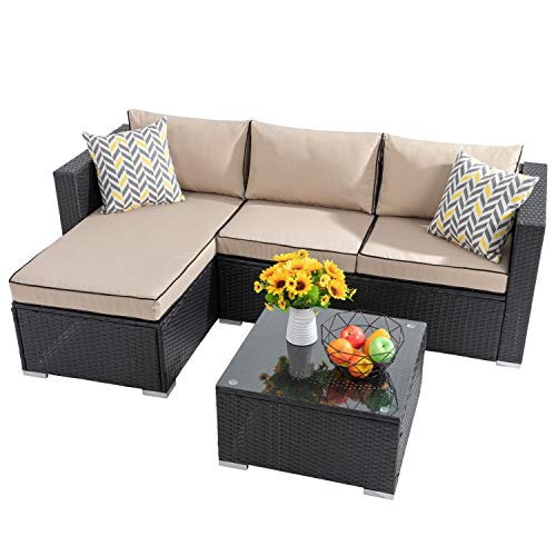Shintenchi Outdoor Wicker Patio Sofa Set, Black All-Weather Rattan Small Sectional Patio Set and Chaise Lounge w/ Glass Table and Washable Couch Cushions Patio Conversation Set (3 Piece,Brown/Black)