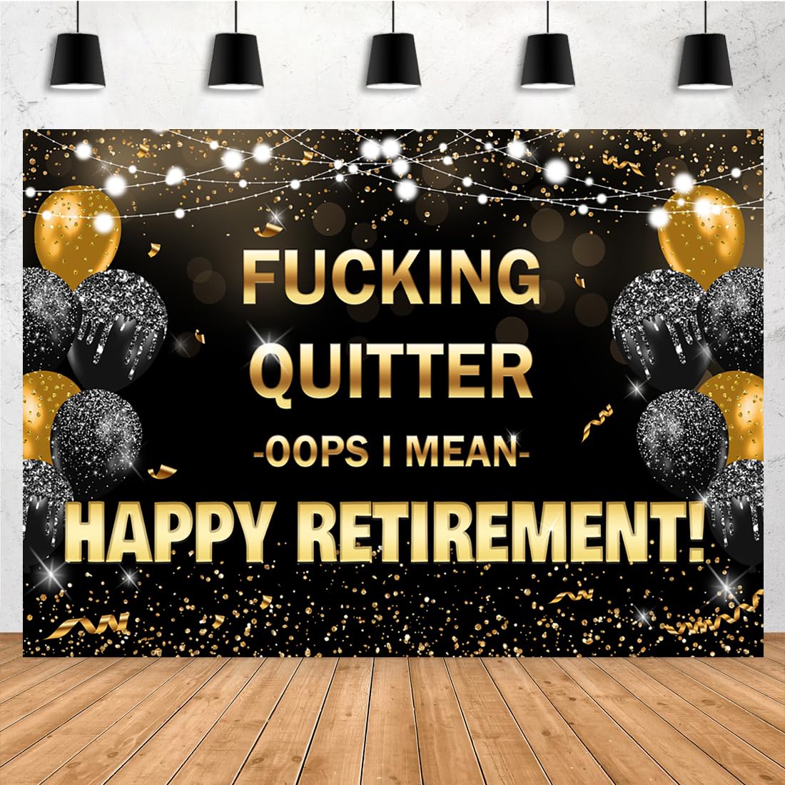 Aperturee 5x3ft Happy Retirement Backdrop Black and Gold Glitter Balloons Fucking Quitter OOPS I Means Photography Background Women Man Retirement Party Thank You Decor Photo Banner Booth Props…