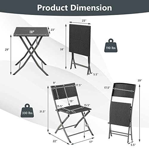 Tangkula 3 Piece Patio Bistro Set, Folding Wicker Chairs & Table Set, Solid Metal Frame, Outdoor Patio Furniture Set for Garden, Front Porch, Poolside, No Assembly Needs (Black)