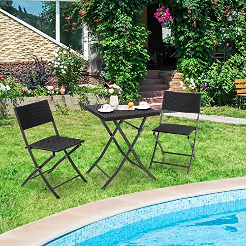 Tangkula 3 Piece Patio Bistro Set, Folding Wicker Chairs & Table Set, Solid Metal Frame, Outdoor Patio Furniture Set for Garden, Front Porch, Poolside, No Assembly Needs (Black)