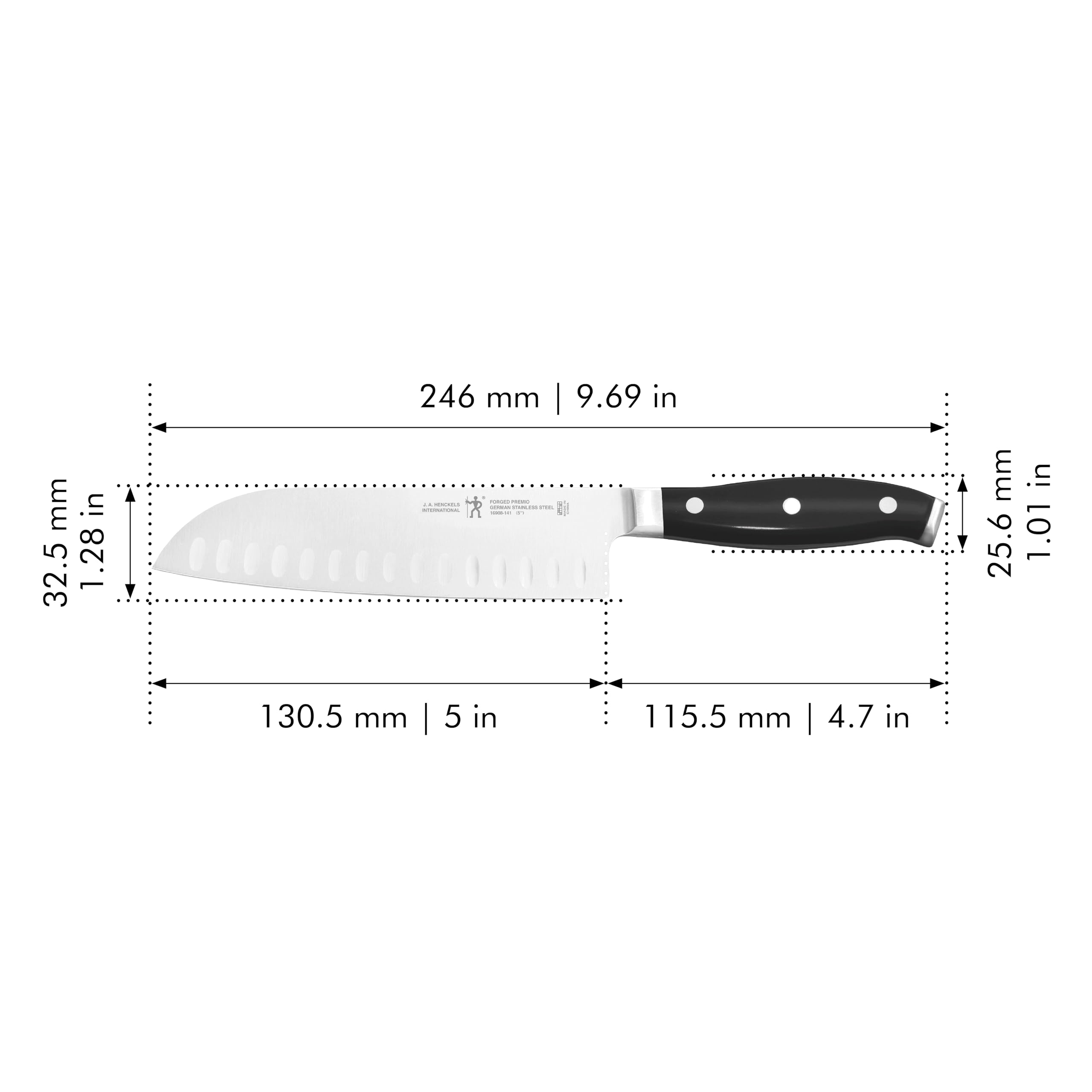HENCKELS Forged Premio Hollow Edge Santoku Knife, 5 inch, Black/Stainless Steel