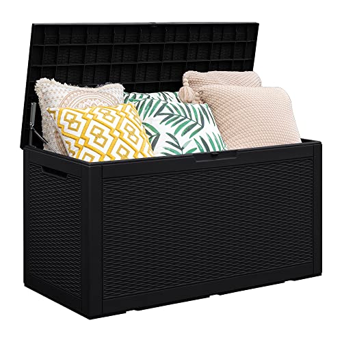 Rankok 100 Gallon Resin Deck Box Outdoor Waterproof Storage Box for Patio Furniture Outdoor Cushions Throw Pillows Garden Tools and Pool Toys With Handles (Black)