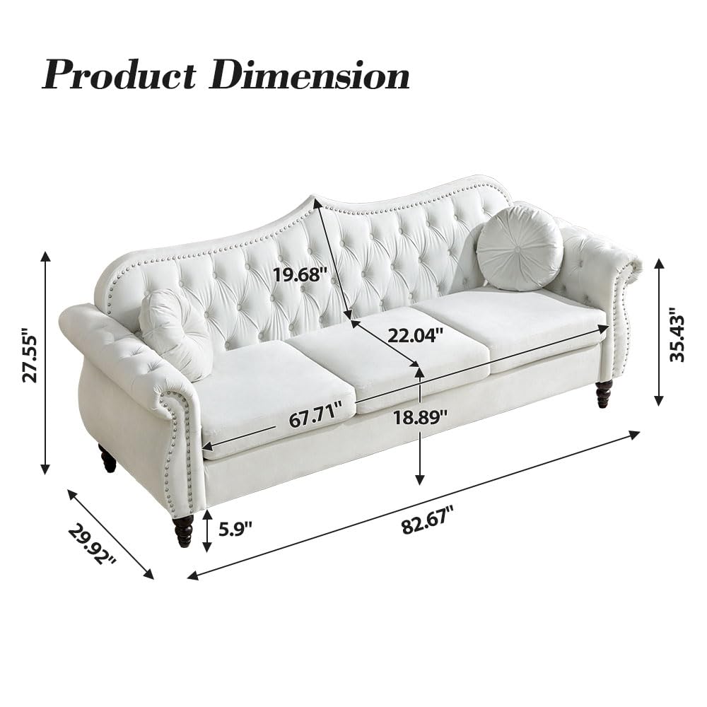 3 Seater Chesterfield Sofa Velvet for Living Room, Modern Tufted Velvet Couch 3 Seater with Scroll Arms and Nailhead, Chesterfield Velvet Sofa, Roll Arm Classic Chesterfield Settee Couches (White)