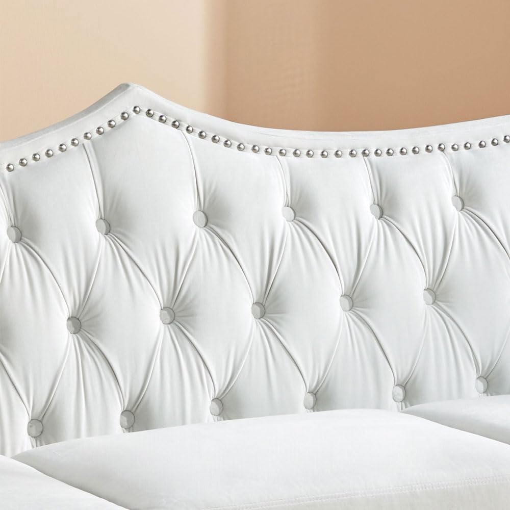 3 Seater Chesterfield Sofa Velvet for Living Room, Modern Tufted Velvet Couch 3 Seater with Scroll Arms and Nailhead, Chesterfield Velvet Sofa, Roll Arm Classic Chesterfield Settee Couches (White)