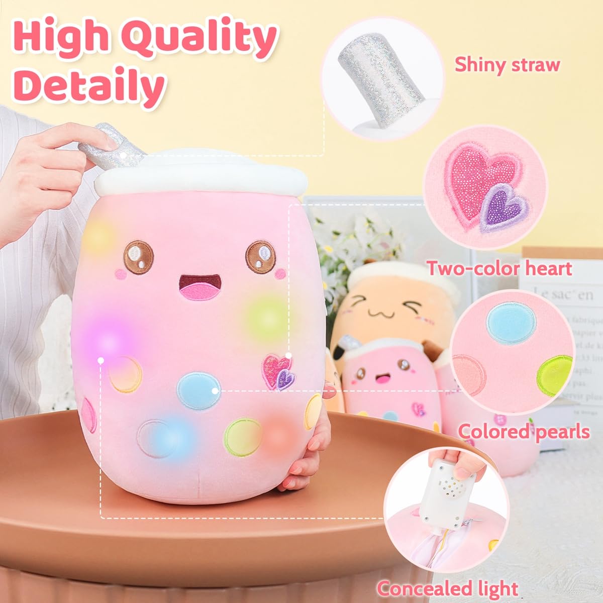 AIXINI Light up Boba Stuffed Plush Bubble Tea Pillow with LED Colorful Pearls Night Lights Glowing Super Soft-Pink,13.7''