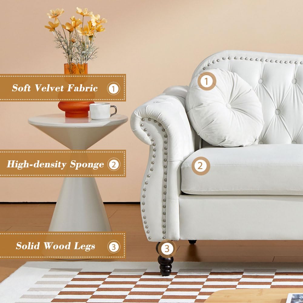 3 Seater Chesterfield Sofa Velvet for Living Room, Modern Tufted Velvet Couch 3 Seater with Scroll Arms and Nailhead, Chesterfield Velvet Sofa, Roll Arm Classic Chesterfield Settee Couches (White)