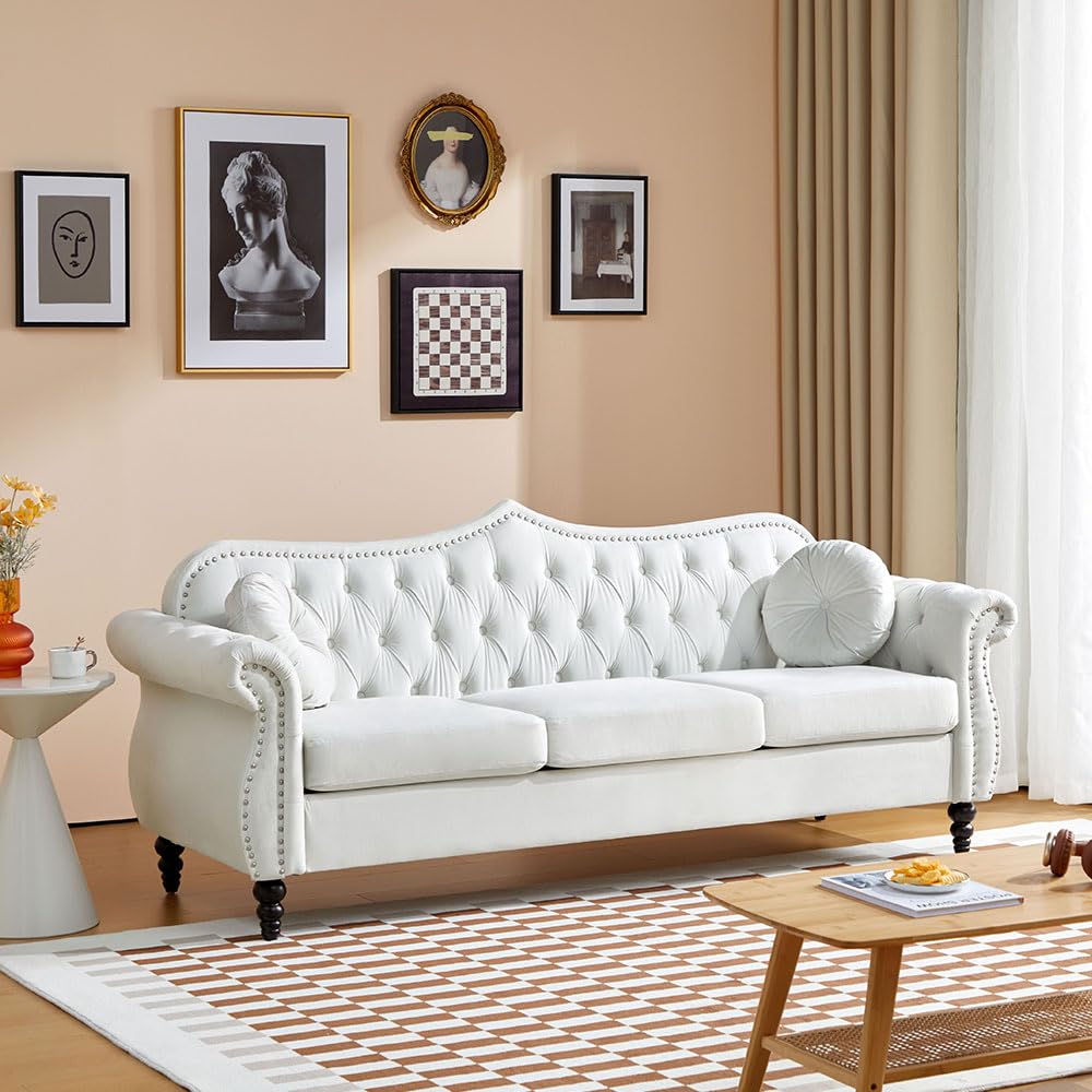 3 Seater Chesterfield Sofa Velvet for Living Room, Modern Tufted Velvet Couch 3 Seater with Scroll Arms and Nailhead, Chesterfield Velvet Sofa, Roll Arm Classic Chesterfield Settee Couches (White)