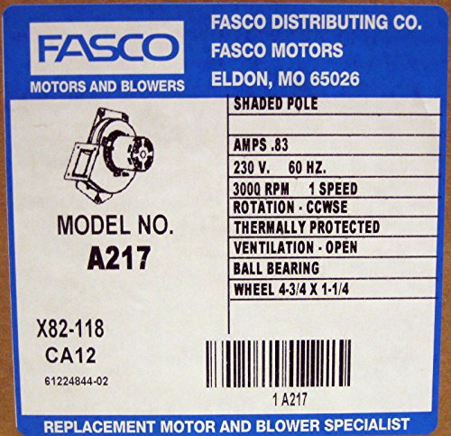 Fasco A217 3.3" Frame Shaded Pole OEM Replacement Specific Purpose Blower with Ball Bearing, 1/16HP, 3000rpm, 230V, 60Hz, 0.83 amps