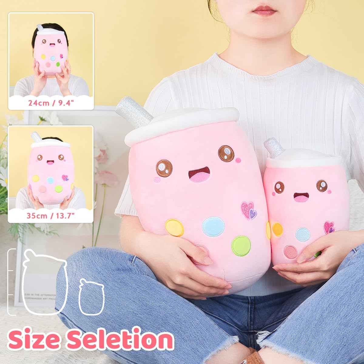 AIXINI Light up Boba Stuffed Plush Bubble Tea Pillow with LED Colorful Pearls Night Lights Glowing Super Soft-Pink,13.7''