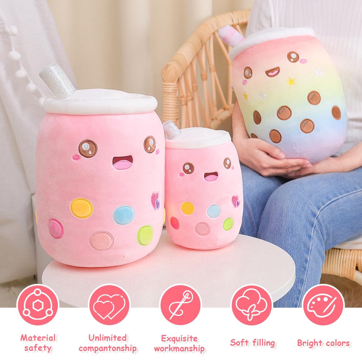 AIXINI Light up Boba Stuffed Plush Bubble Tea Pillow with LED Colorful Pearls Night Lights Glowing Super Soft-Pink,13.7''