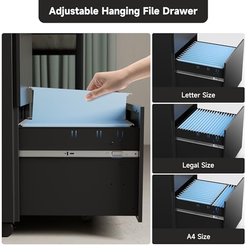 Warmiehomy Metal Mobile File Cabinets for Home Office 2 Drawer Filing Cabinet with Lock Rolling Office File Cabinet fits A4/Letter/Legal Size Fully Assembled (Black)