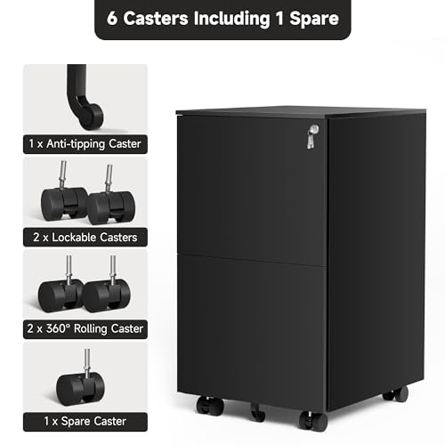 Warmiehomy Metal Mobile File Cabinets for Home Office 2 Drawer Filing Cabinet with Lock Rolling Office File Cabinet fits A4/Letter/Legal Size Fully Assembled (Black)