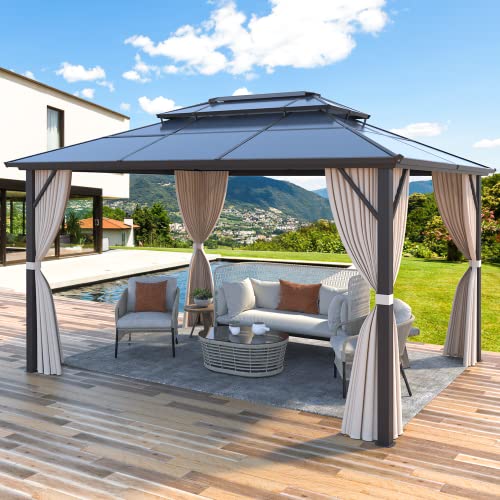 MELLCOM 10 x 13ft Hardtop Gazebo, Polycarbonate Double Roof Aluminum Gazebo, Outdoor Waterproof Canopy Gazebo with Netting and Curtains for Backyard, Deck, Patio