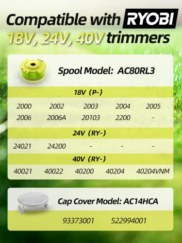 YWTESCH Trimmer String for Ryobi One Plus+ AC80RL3,11 FT/0.080-Inch，Spool Replacement Compatible with Ryobi 18v, 24v, and 40v Cordless Trimmers (12 Pack Trimmer Line & 3 Pack Trimmer Cap)