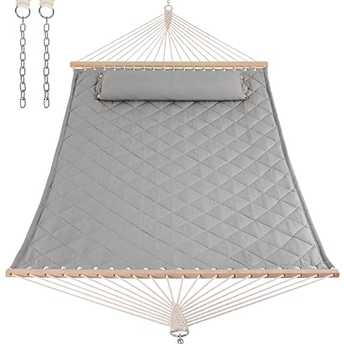 ANOW Heavy Duty Hammock with Spreader Bars and Detachable Pillow, 2 Person Hammock for Outdoors Indoors, 450 LBS Weight Capacity, Light Gray